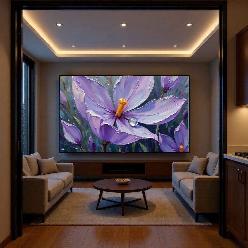 Samsung Frame TV Art Purple Flower Painting, Textured Brushstroke ...