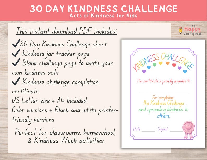 30 Day Kindness Challenge Pack for Kids Printable (digital Download) - Etsy