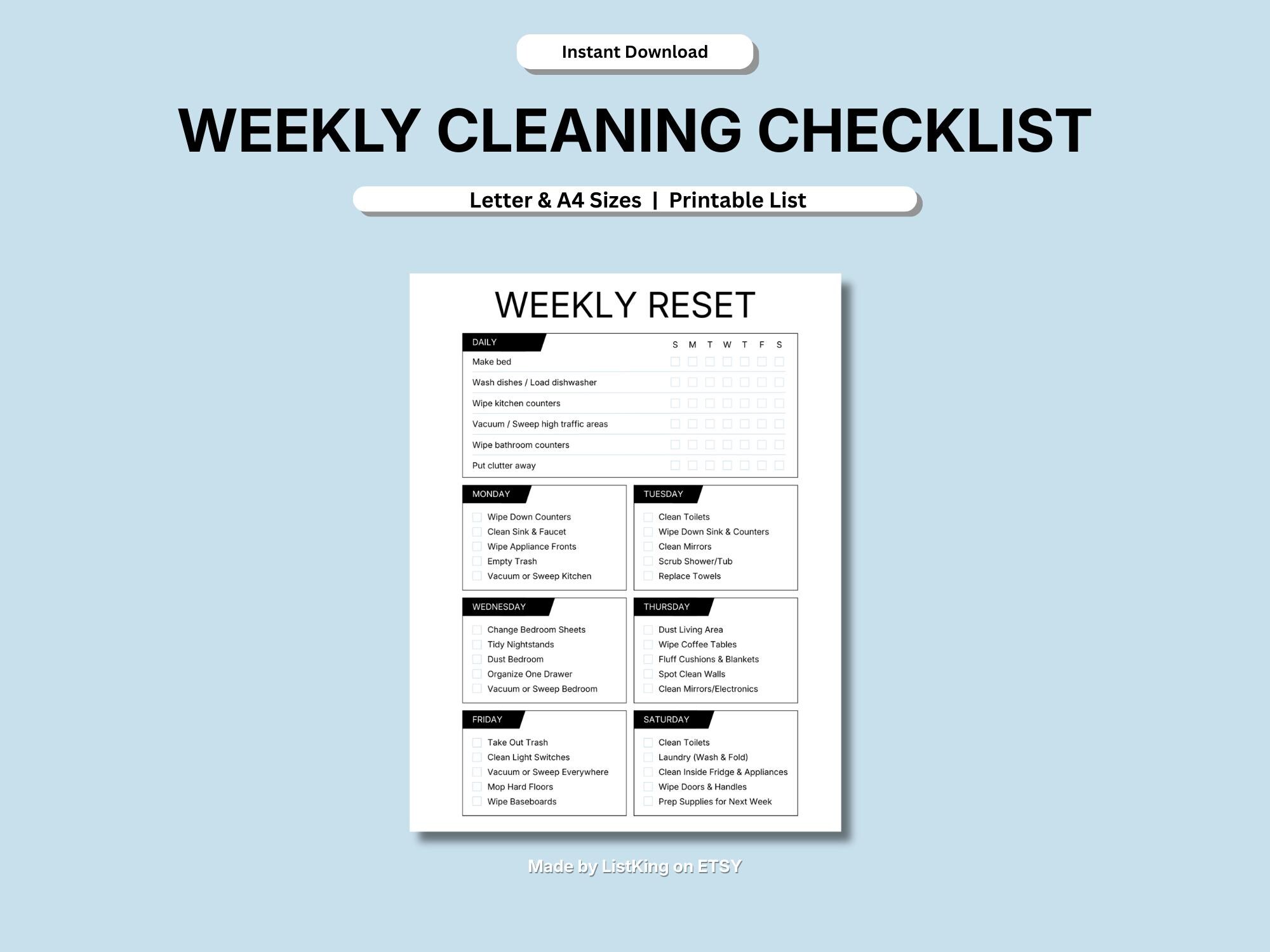 Weekly Cleaning Checklist Printable | Weekly Cleaning Schedule ...