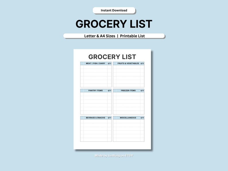 Categorized Grocery List Printable | Organized Shopping List PDF | With ...