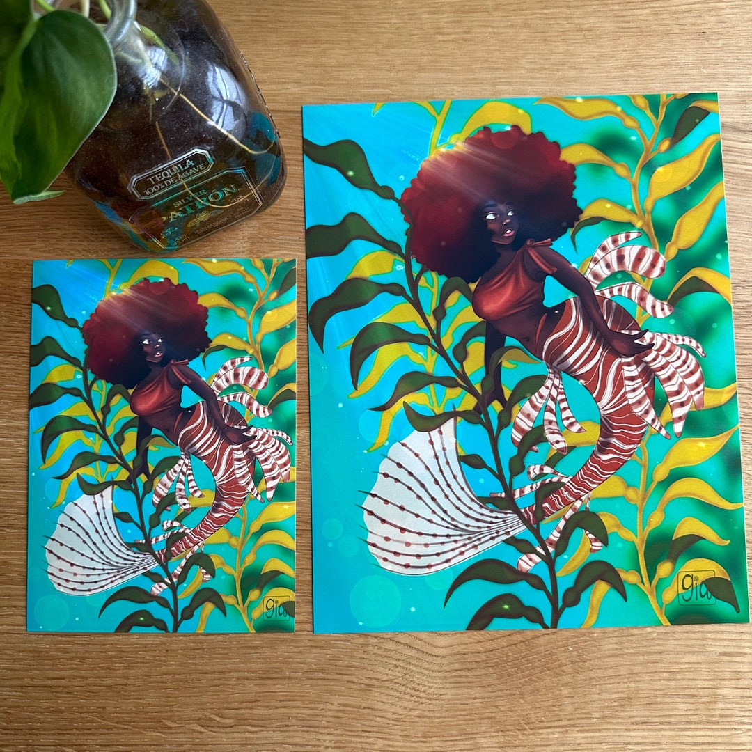 Black Mermaid Lion Fish Art Print - Mythical Ocean Fantasy Wall Decor ...