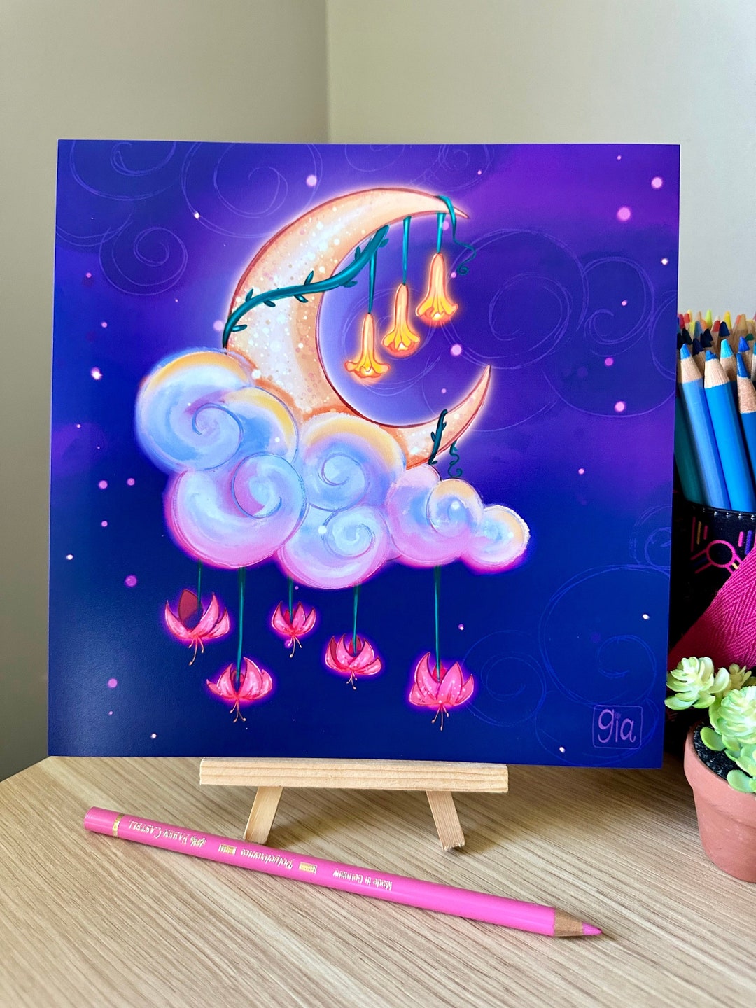 Whimsical Moon and Lanterns Art Print, Dreamy Fantasy Night Sky ...
