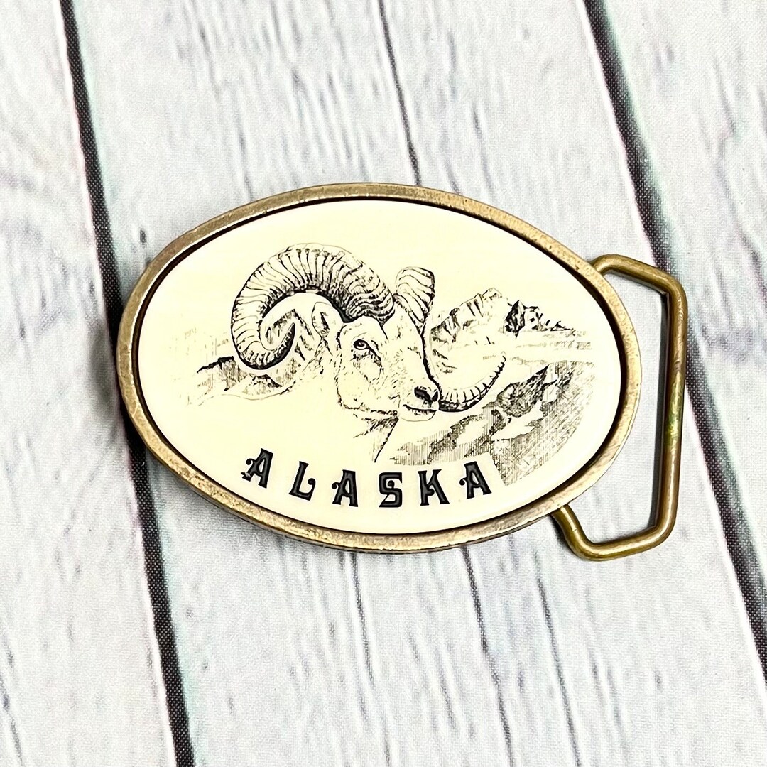Vintage Faux Scrimshaw and Brass Big Horn Sheep Alaska Belt Buckle BTS ...
