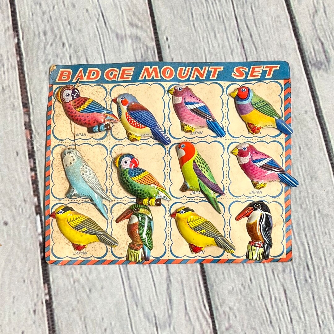 Vintage Set of 12 Tin Litho Bird Pins Badge Mount Set Made in Japan on ...