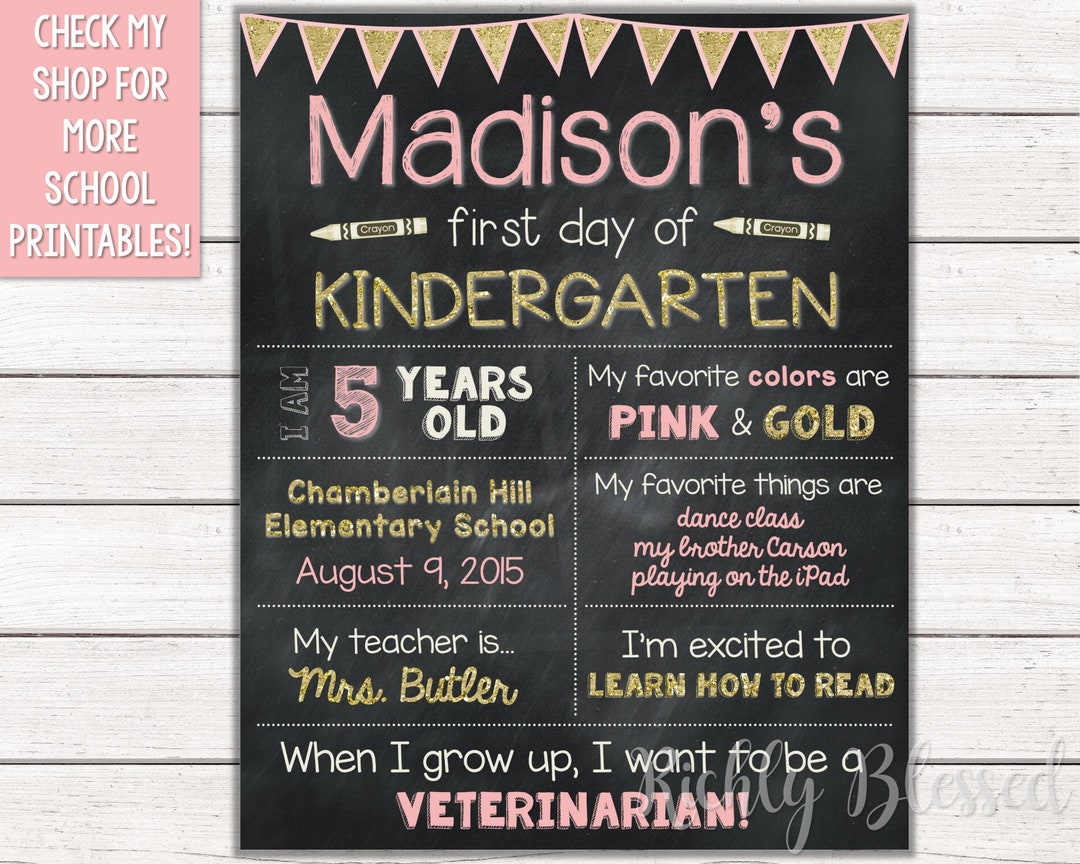 Pink and Gold First Day of Kindergarten Chalkboard Sign First - Etsy