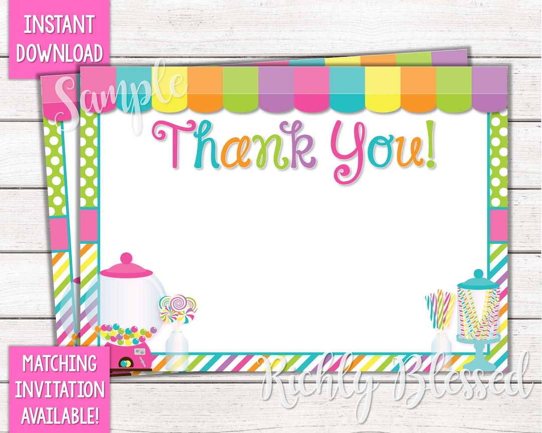 INSTANT DOWNLOAD Candy Birthday Thank You Card, Sweet Shoppe Thank You ...
