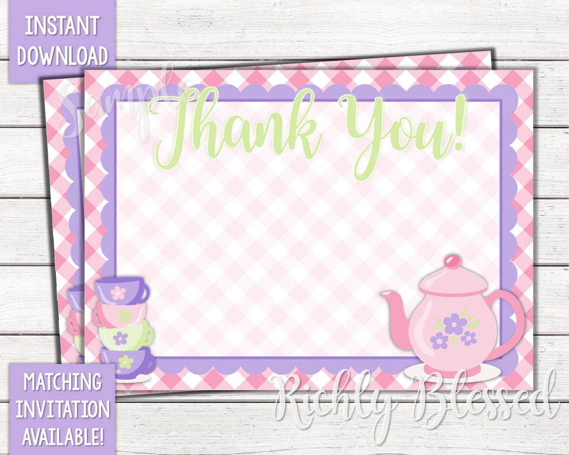 INSTANT DOWNLOAD Tea Party Birthday Thank You Note Thank You Card DIY ...