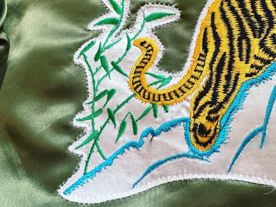70s Green Satin Bomber with Tiger Embroidery - Gem