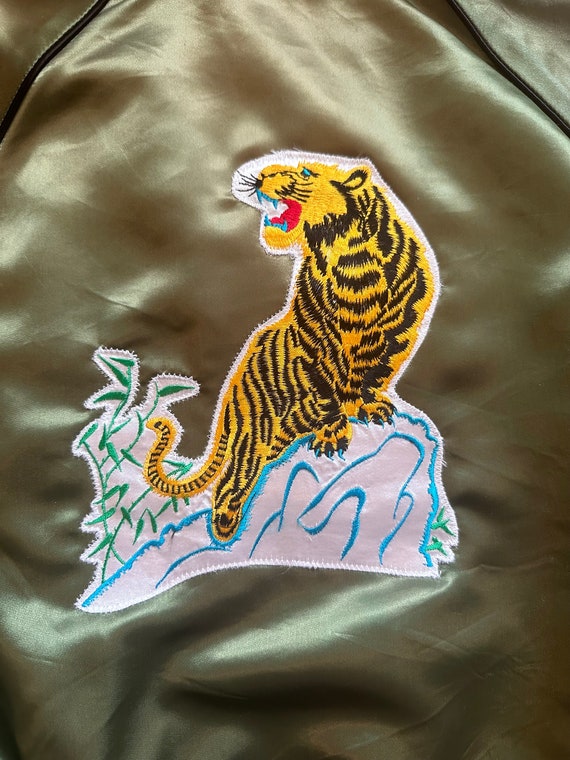 70s Green Satin Bomber with Tiger Embroidery - Gem