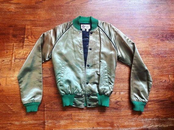 70s Green Satin Bomber with Tiger Embroidery - Gem