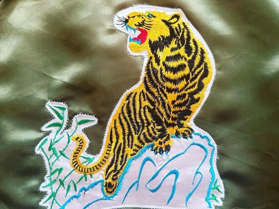 70s Green Satin Bomber with Tiger Embroidery - Gem