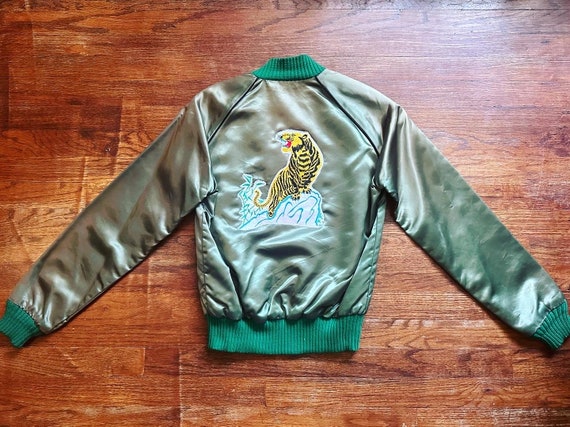 70s Green Satin Bomber with Tiger Embroidery - Gem