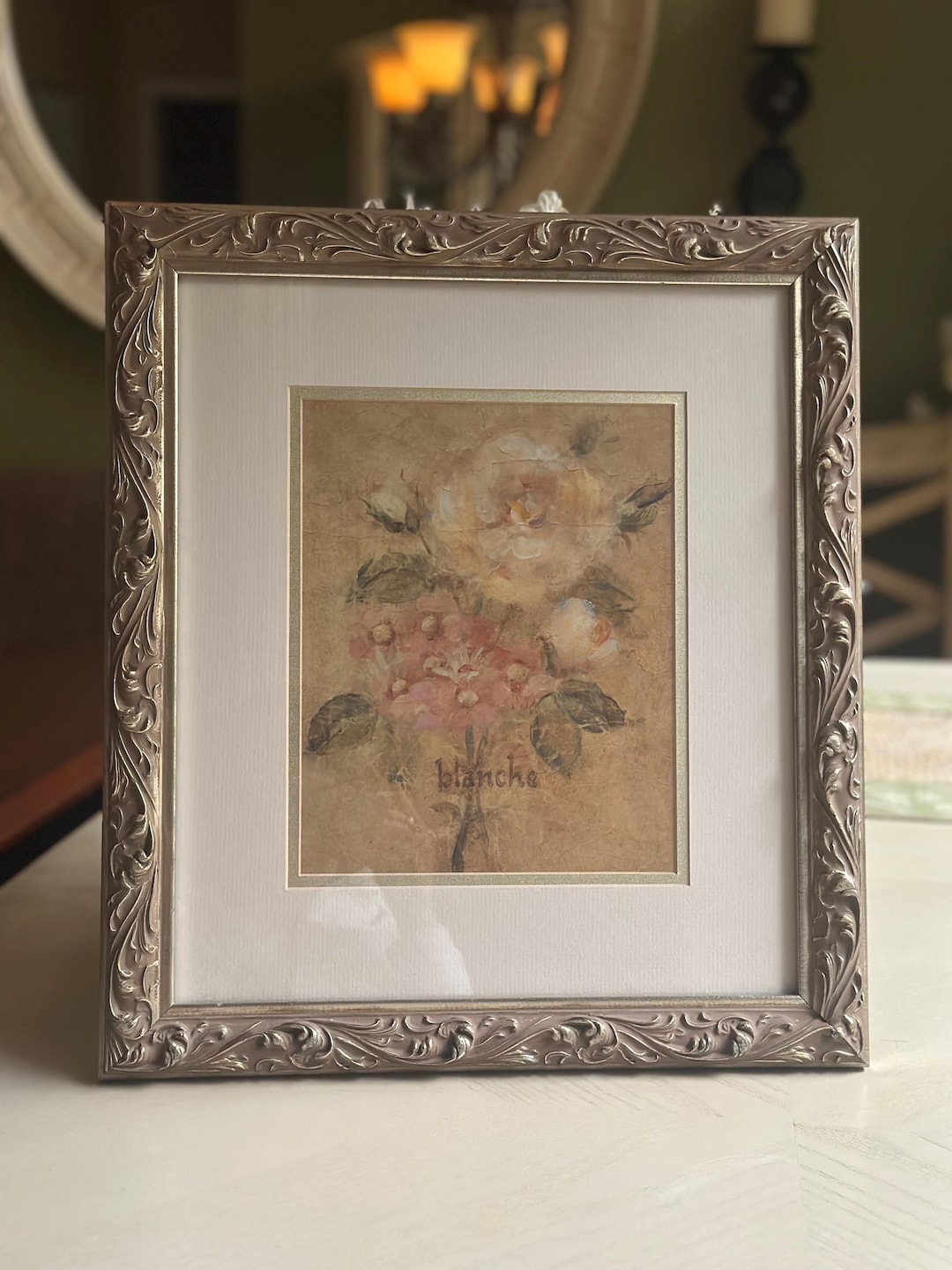 Vintage Cheri Blum Floral Art Print Ornate Frame 16x18 Dusty Pink Rose ...