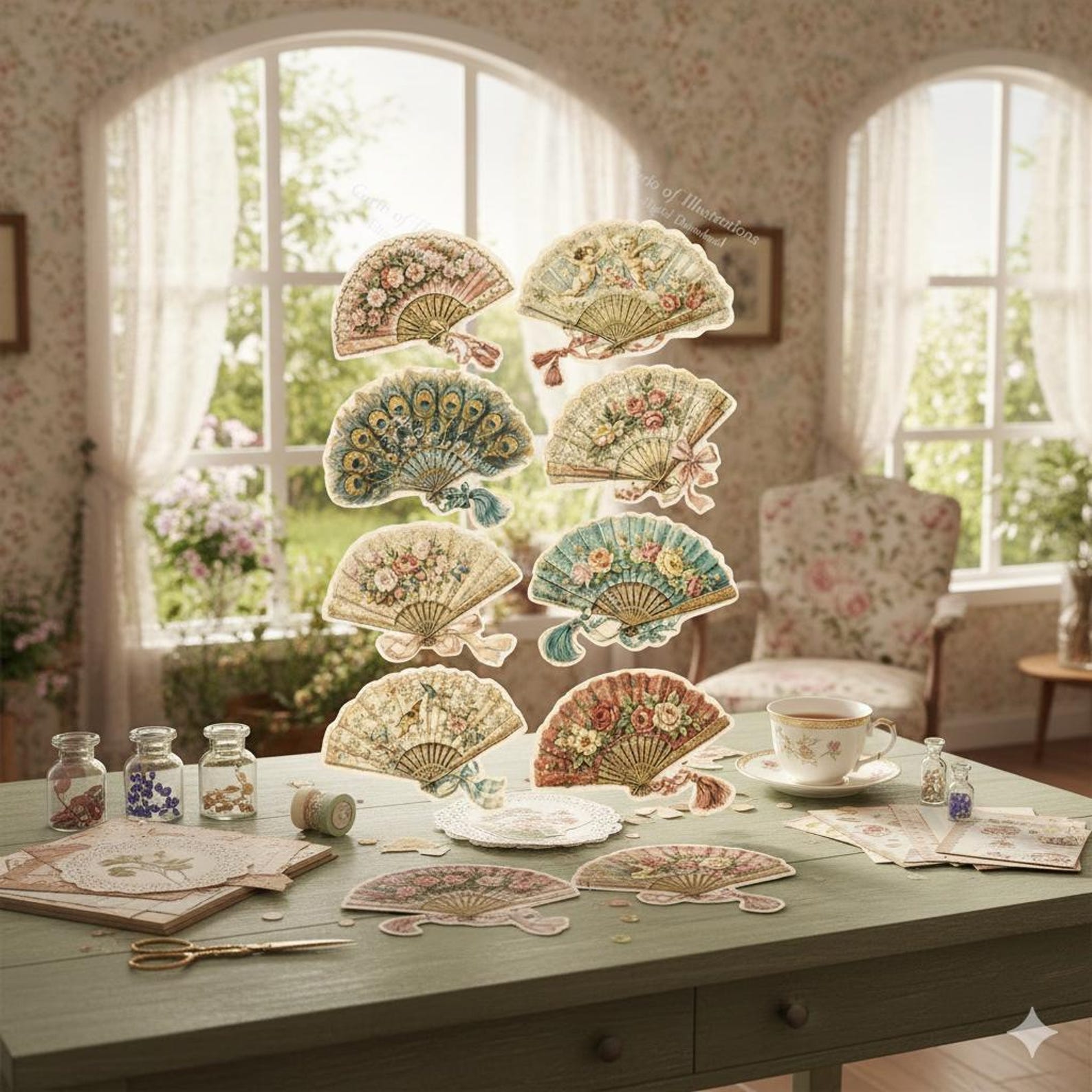 Victorian Fancy Fan Stickers, Printable Collage Art (digital Download ...