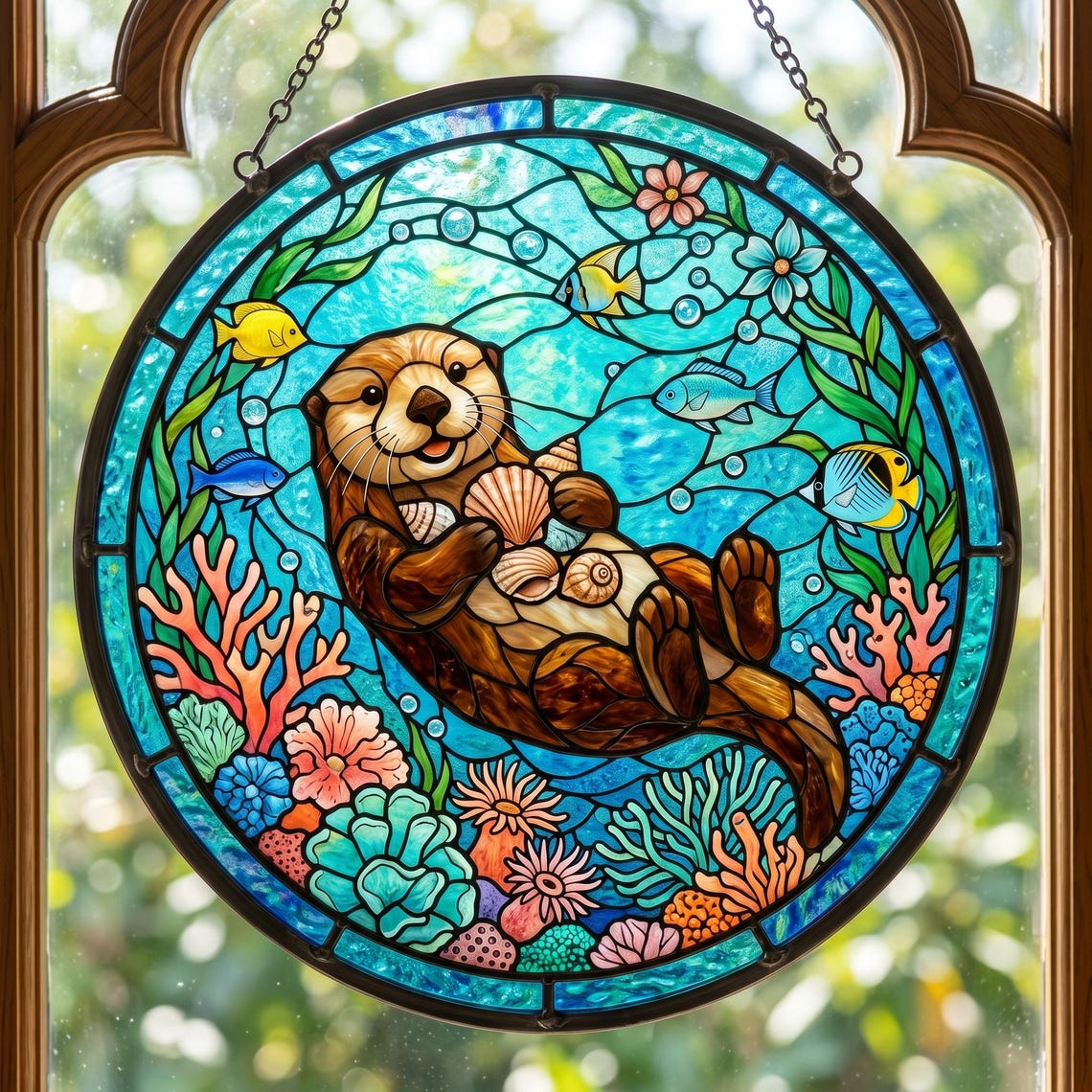 Sea Otter Coral Reef Stained Glass Suncatcher Ocean Window Hanging ...