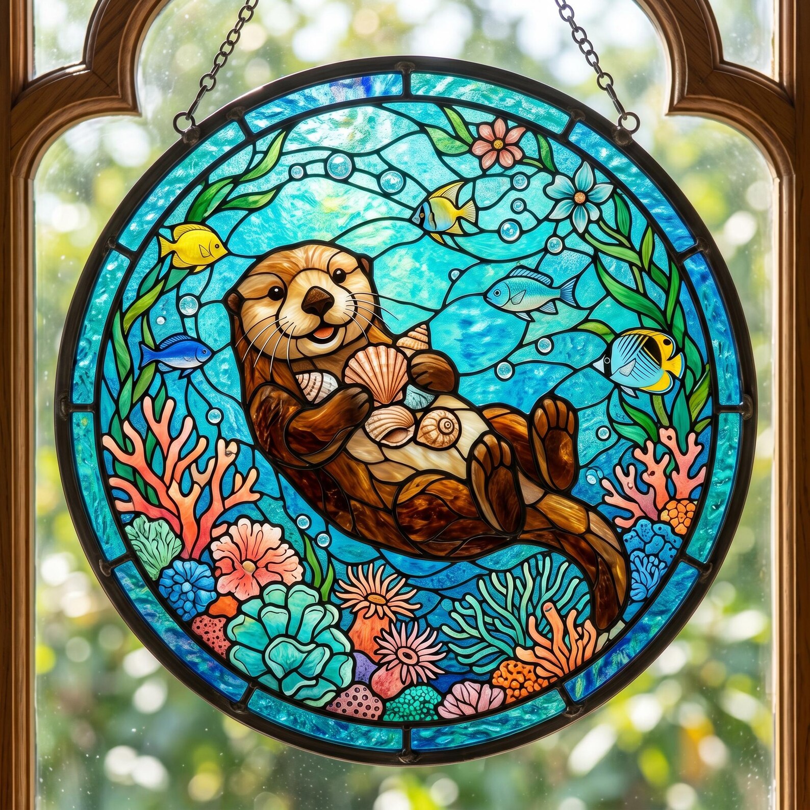 Sea Otter Coral Reef Stained Glass Suncatcher Ocean Window Hanging ...