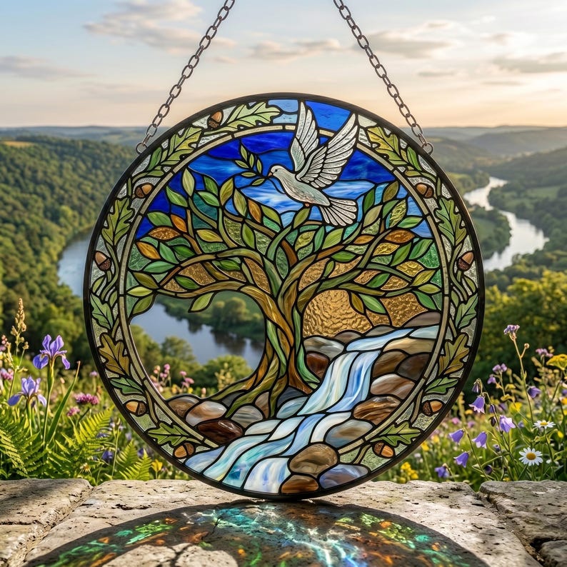 Stained Glass Tree of Life Sun Catcher Dove Nature Round Window Hanging ...