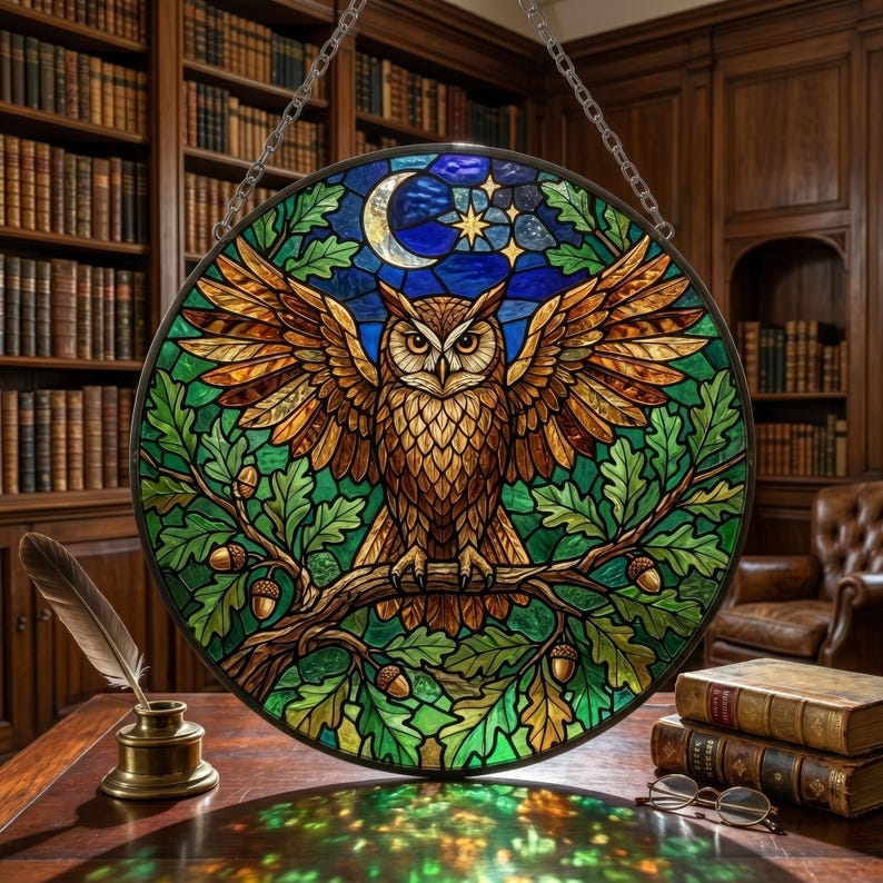 Stained Glass Owl Sun Catcher, Oak Tree Moon Night Window Hanging Decor ...