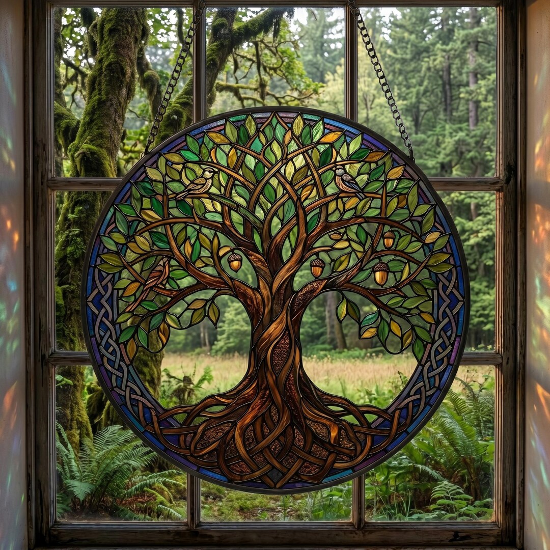 Tree of Life Stained Glass Sun Catcher – Celtic Knot Round Window ...