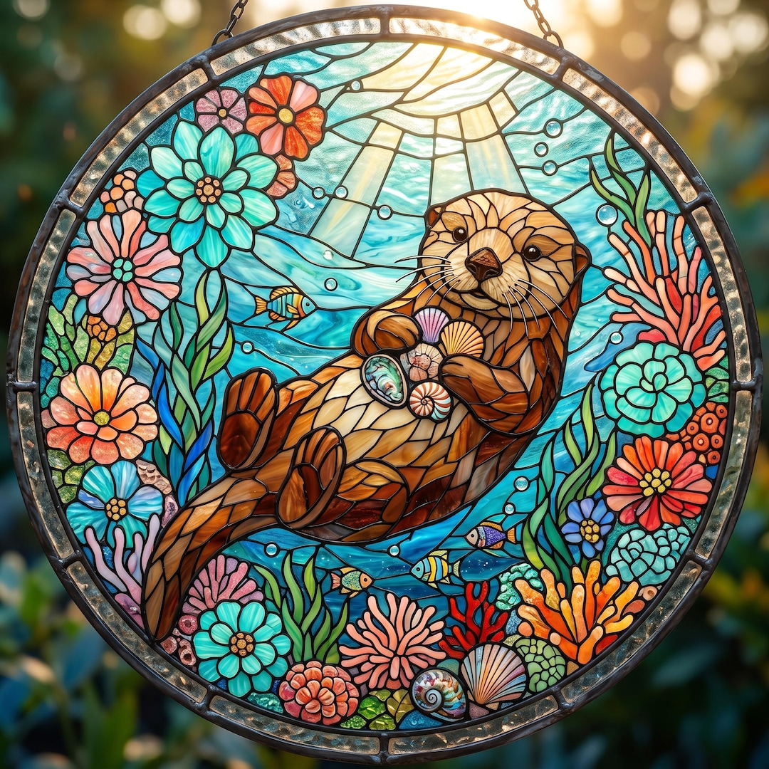 Sea Otter Coral Reef Stained Glass Suncatcher Ocean Window Hanging ...