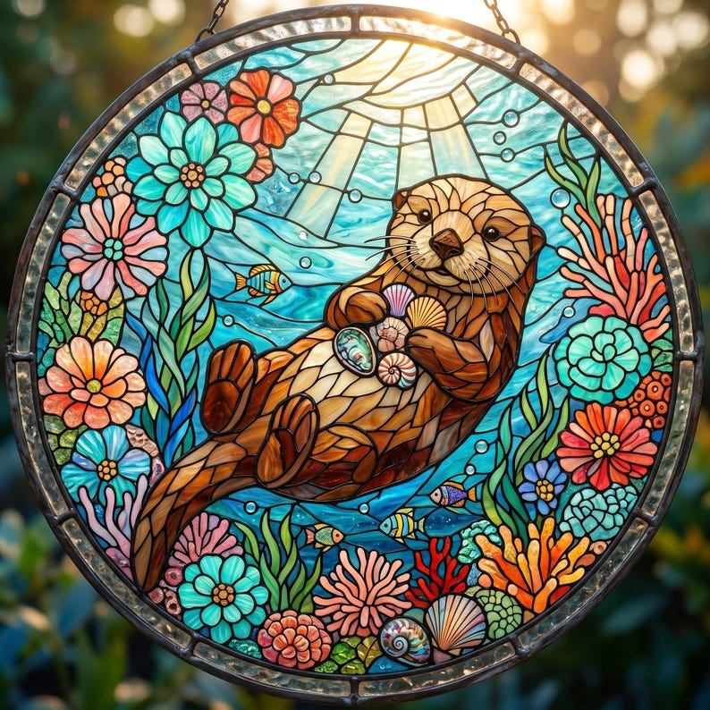 Sea Otter Coral Reef Stained Glass Suncatcher Ocean Window Hanging ...