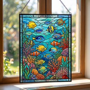 Tropical Fish Stained Glass Window Hanging Suncatcher Vertical ...