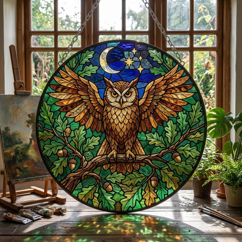Stained Glass Owl Sun Catcher, Oak Tree Moon Night Window Hanging Decor ...