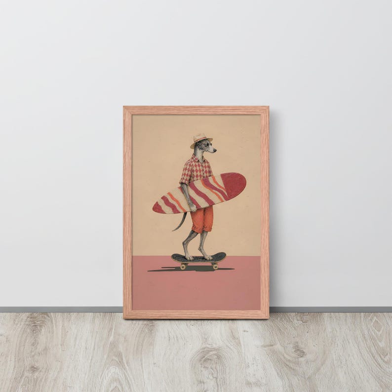 Vintage Greyhound Wall Art Print, Funny Dog Surf Art, Modern Home Decor ...