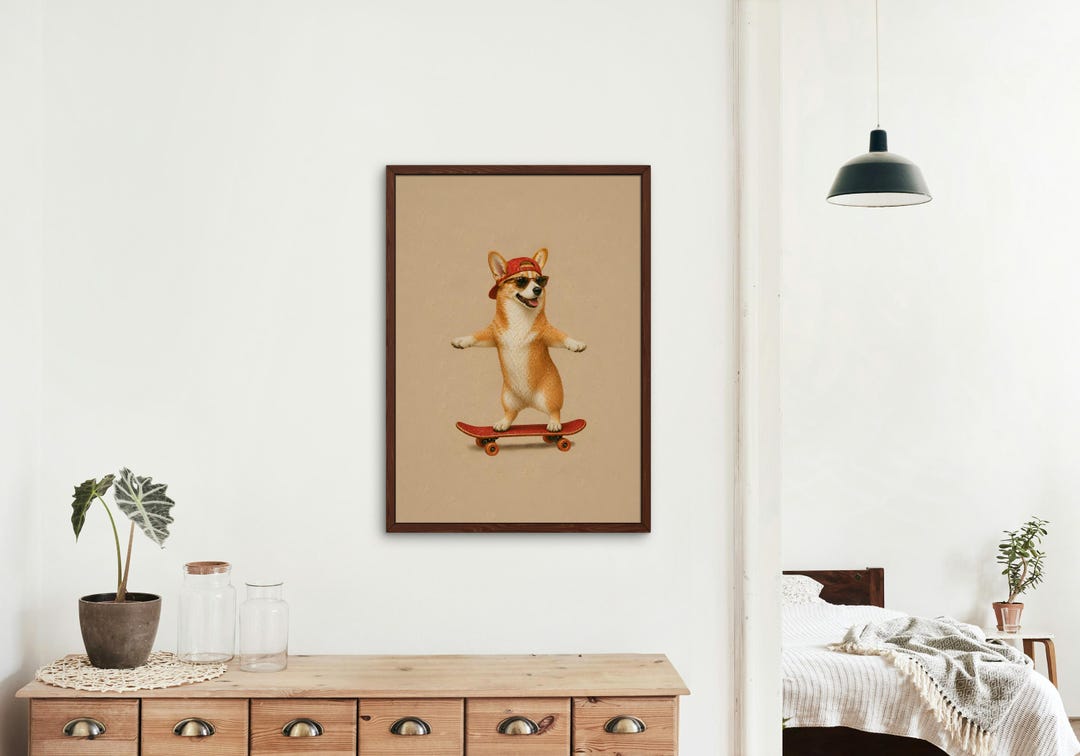 Corgi Dog Skateboard Wall Art, Funny Minimalist Corgi Print, Whimsical ...
