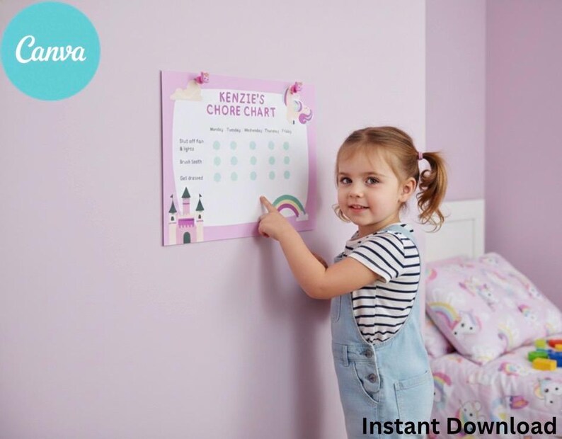 Unicorn Chore Chart Template | Editable in Canva | Kids Routine Tracker ...