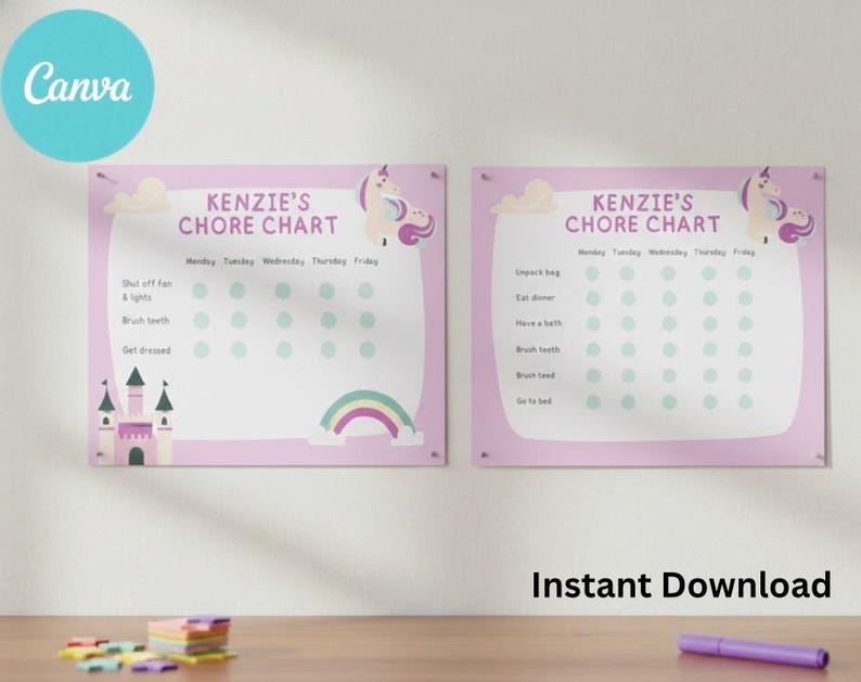 Unicorn Chore Chart Template | Editable in Canva | Kids Routine Tracker ...