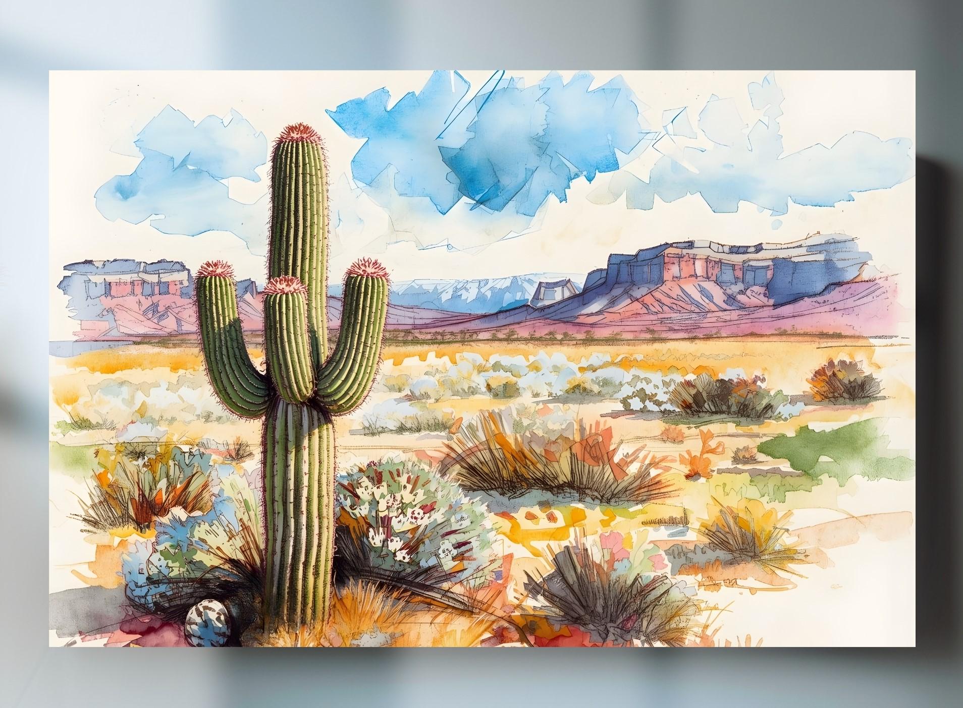 Desert Cactus Watercolor Painting, Saguaro Wall Art, Minimalist Desert ...