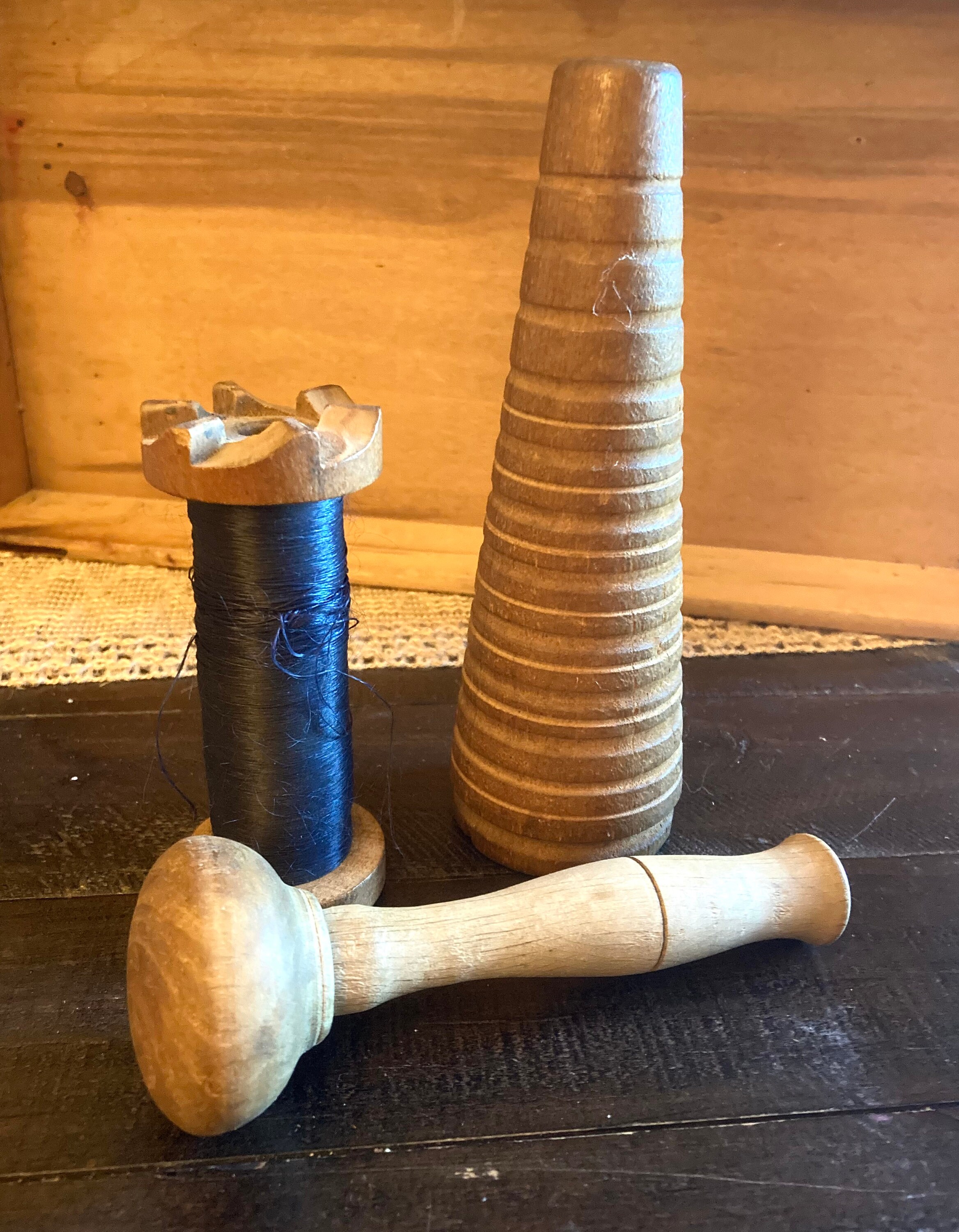 Industrial Wooden Spools and Darner, 1800's Textile Sewing Spools ...