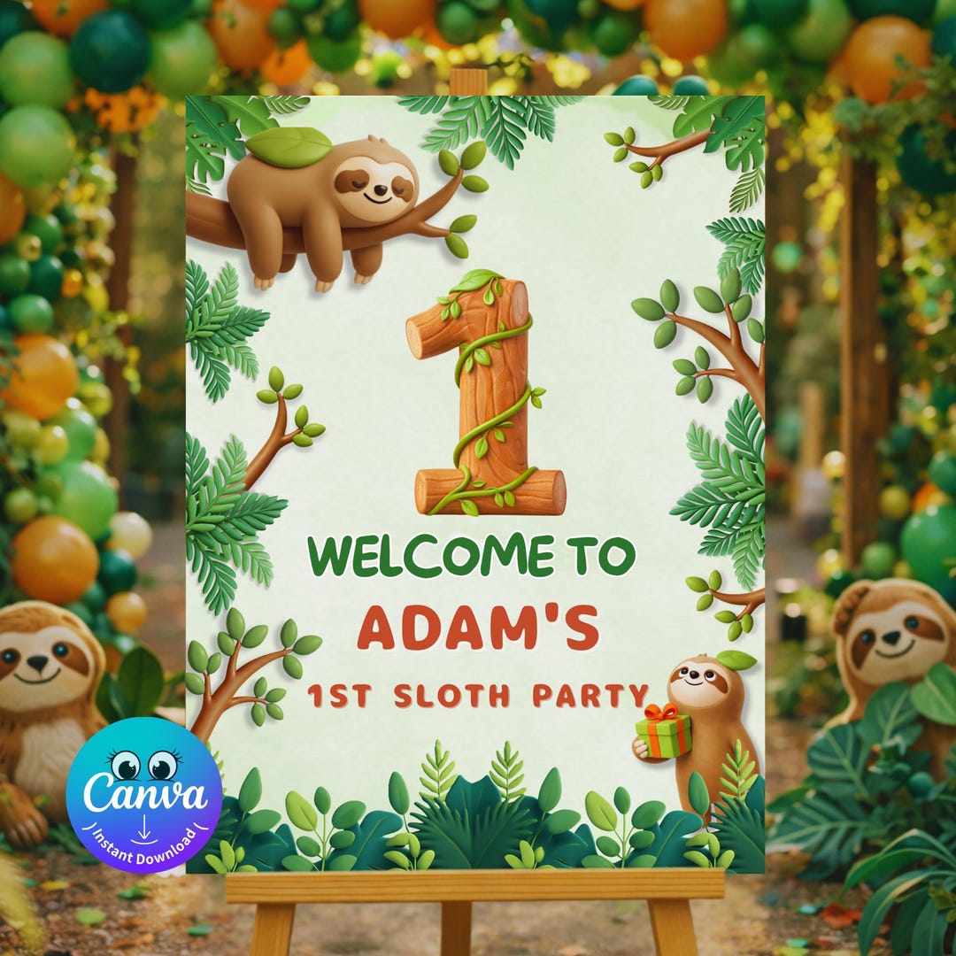 Sloth Welcome Sign 1st Birthday Party Canva Template Jungle Theme - Etsy
