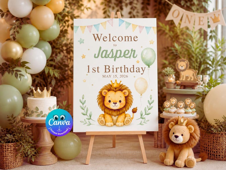 Lion Welcome Sign 1st Birthday Safari Boy Canva Template - Etsy