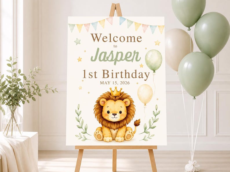 Lion Welcome Sign 1st Birthday Safari Boy Canva Template - Etsy