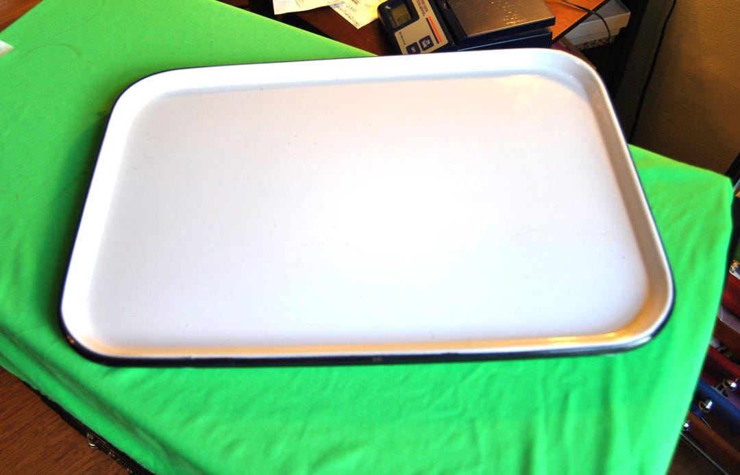 White Enamelware With Black Trim Tray Vintage Abggoodstuff - Etsy