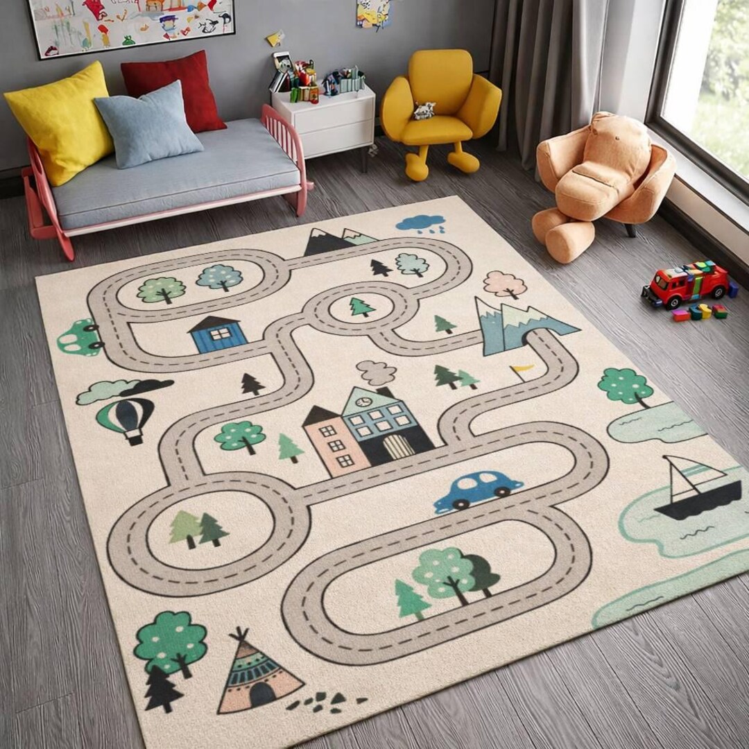 Kids Road Map Rug, City Track Playmat, Car Route Carpet, Nursery Play ...