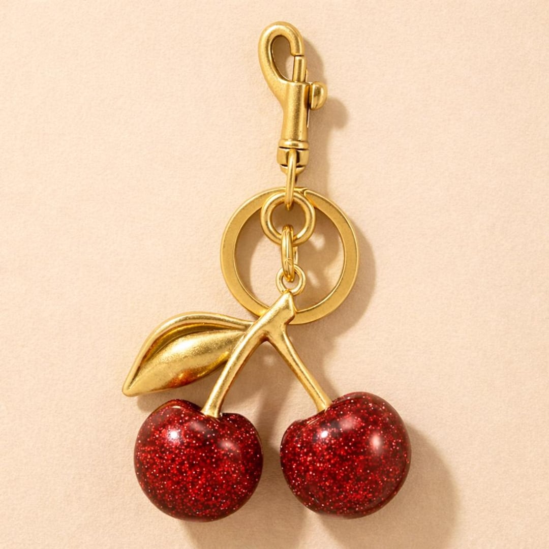 Glitter Cherry Keychain | Gold Tone Leaf Bag Charm, Red Fruit Keyring ...
