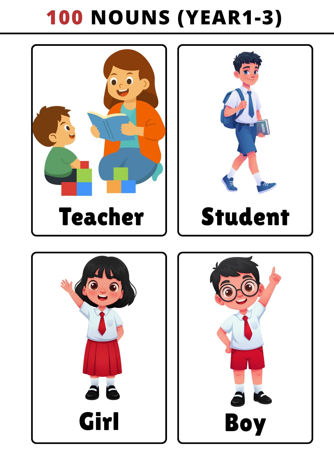 100 Nouns Flashcards for Year 1-3 Kids | ESL Vocabulary Learning (PDF ...