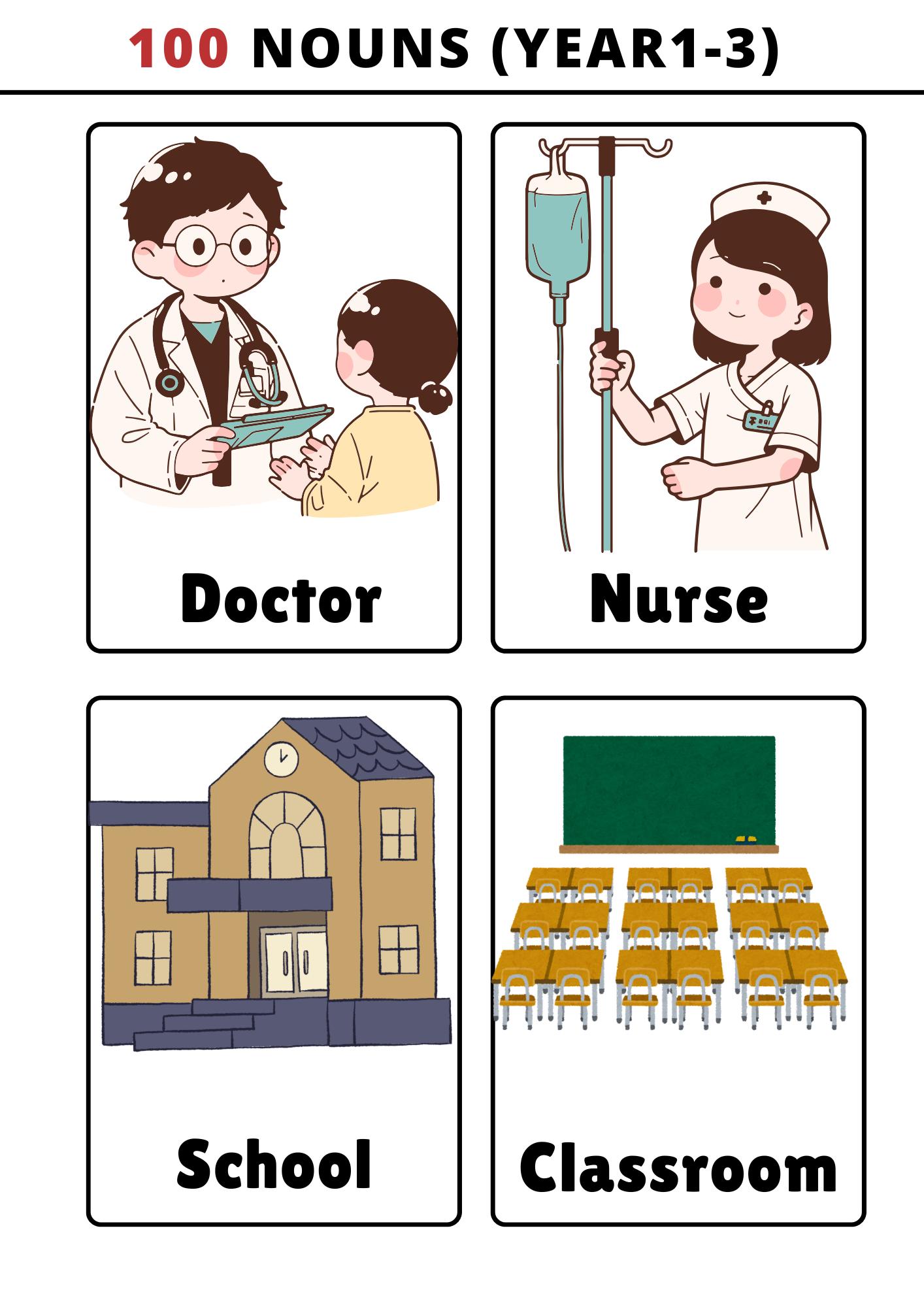 100 Nouns Flashcards for Year 1-3 Kids | ESL Vocabulary Learning (PDF ...