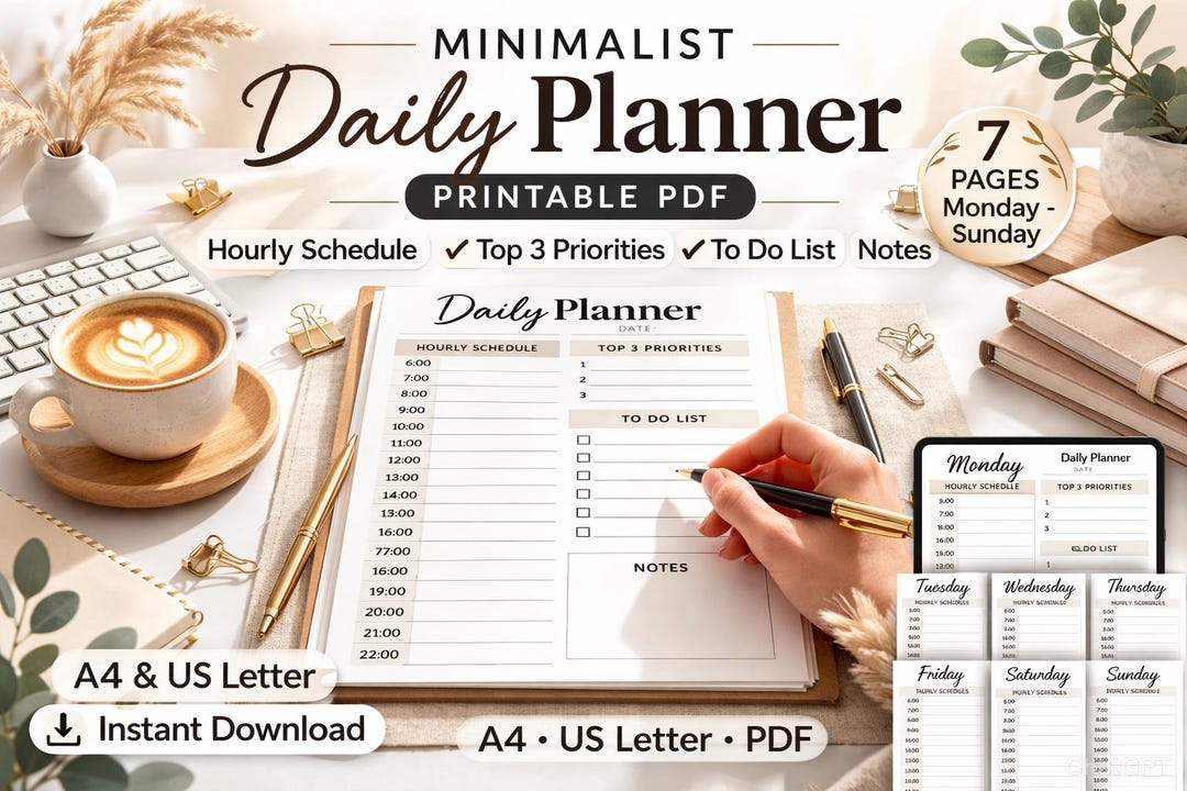 Minimalist Daily Planner Printable | Hourly Schedule, Priorities, To-do ...