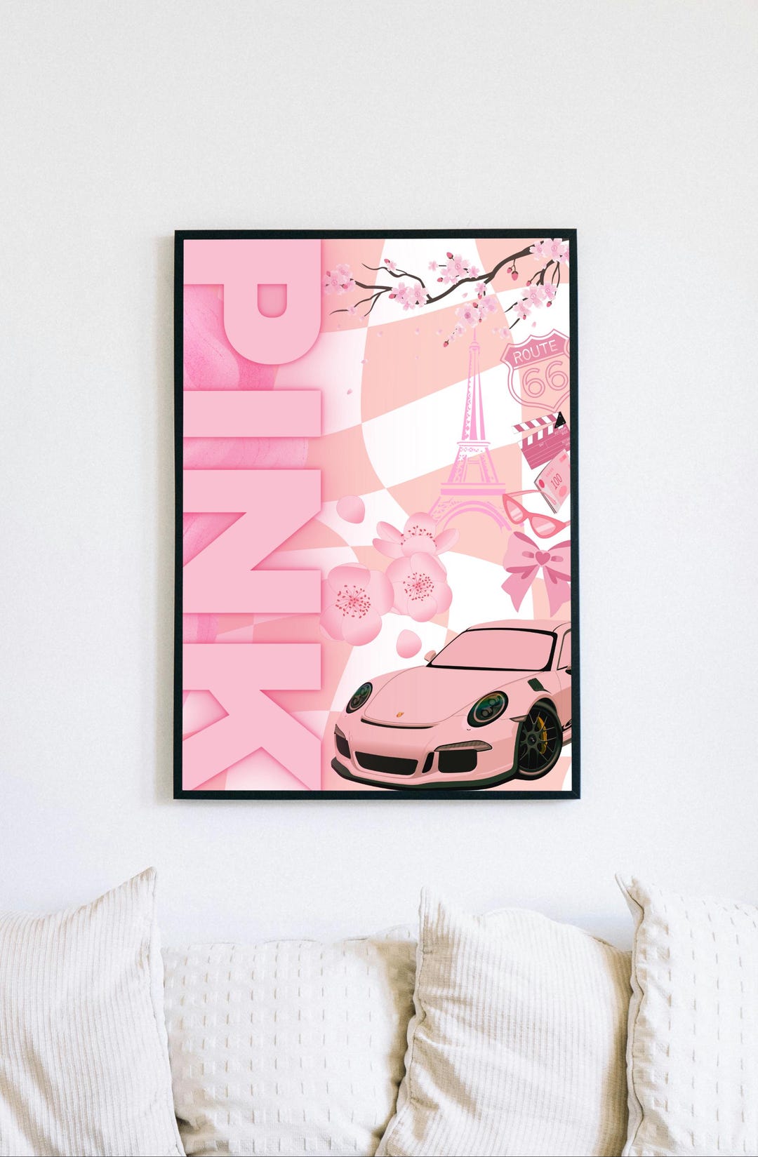 Pink Sports Car Poster | Retro Paris Route 66 Collage - Etsy