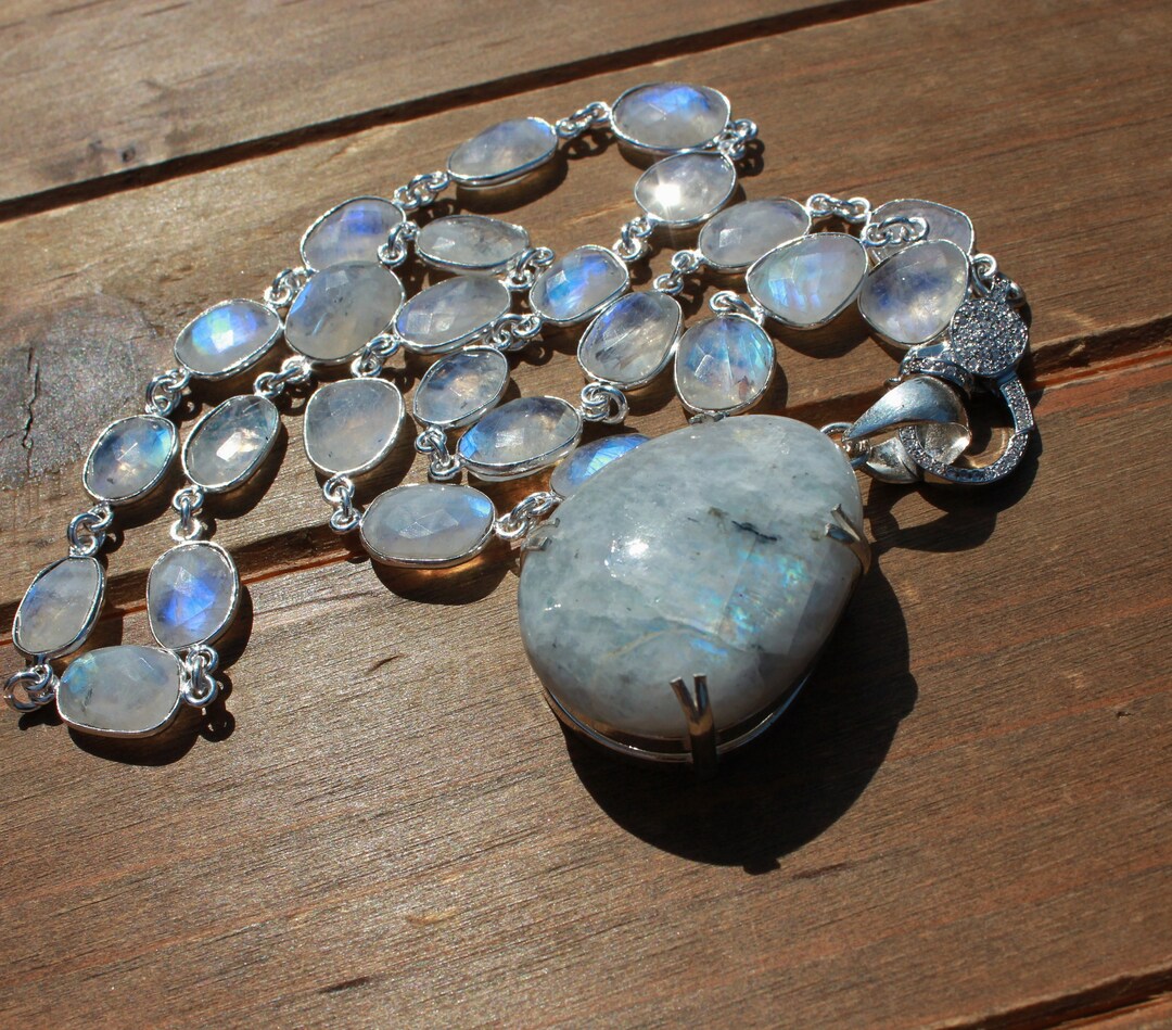 Bezel Set Moonstone Necklace Pave Clasp With Pendant by Knottedup - Etsy