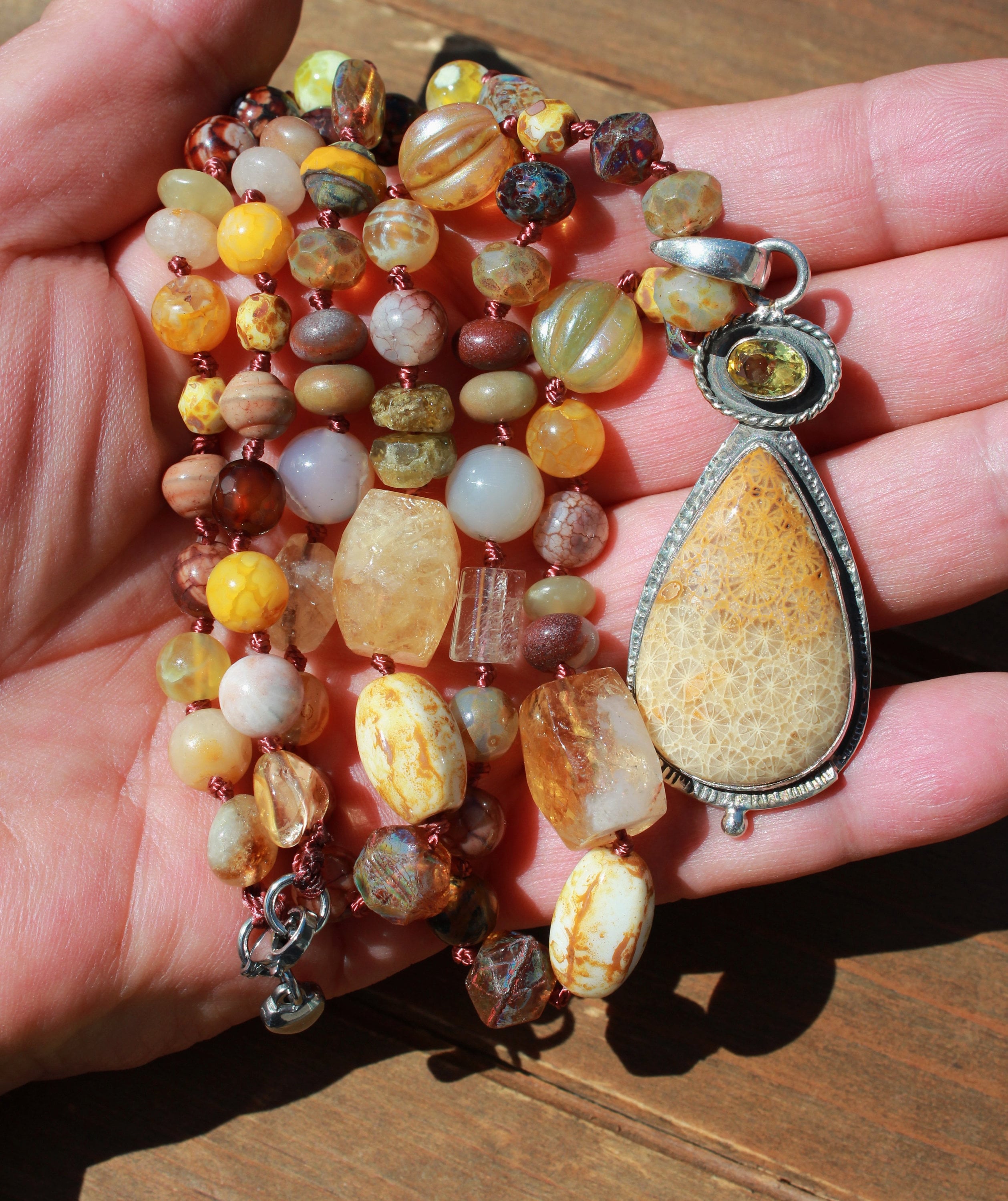 Golden Coral Fossil Transformation Necklace: Handcrafted Gemstone ...