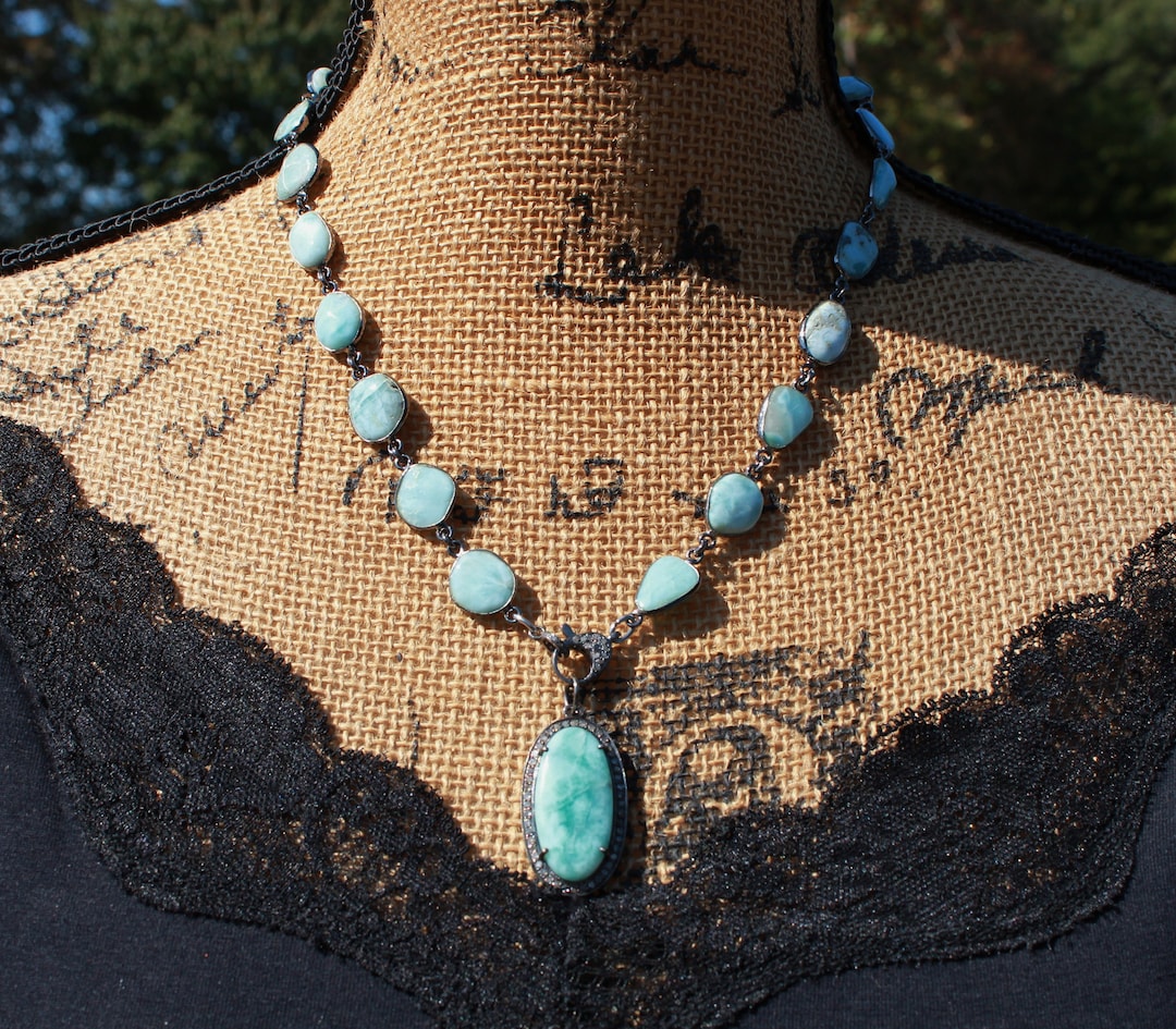 Diamond Larimar 19 Inch Necklace With Pendant, Diamond Pave Clasp, by ...