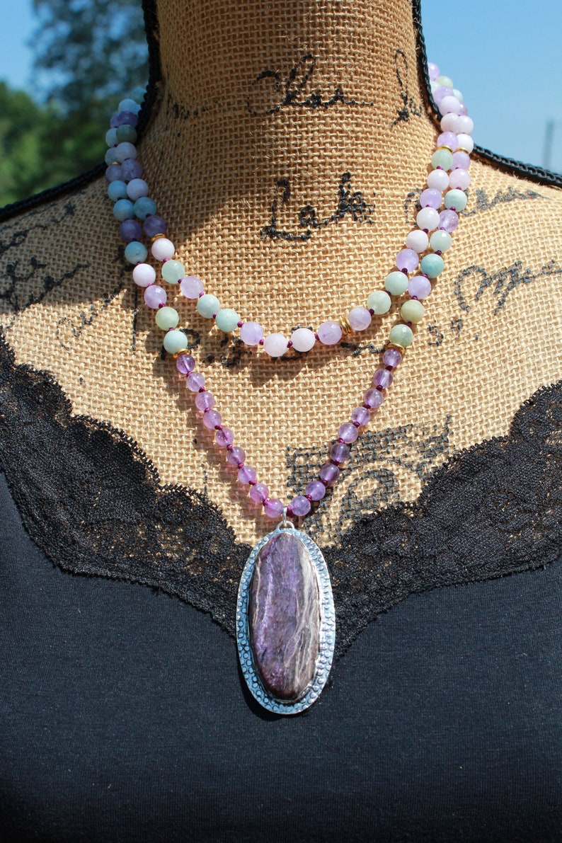 Long Beaded Russian Charoite Pastel Beaded Necklace by Knottedup - Etsy