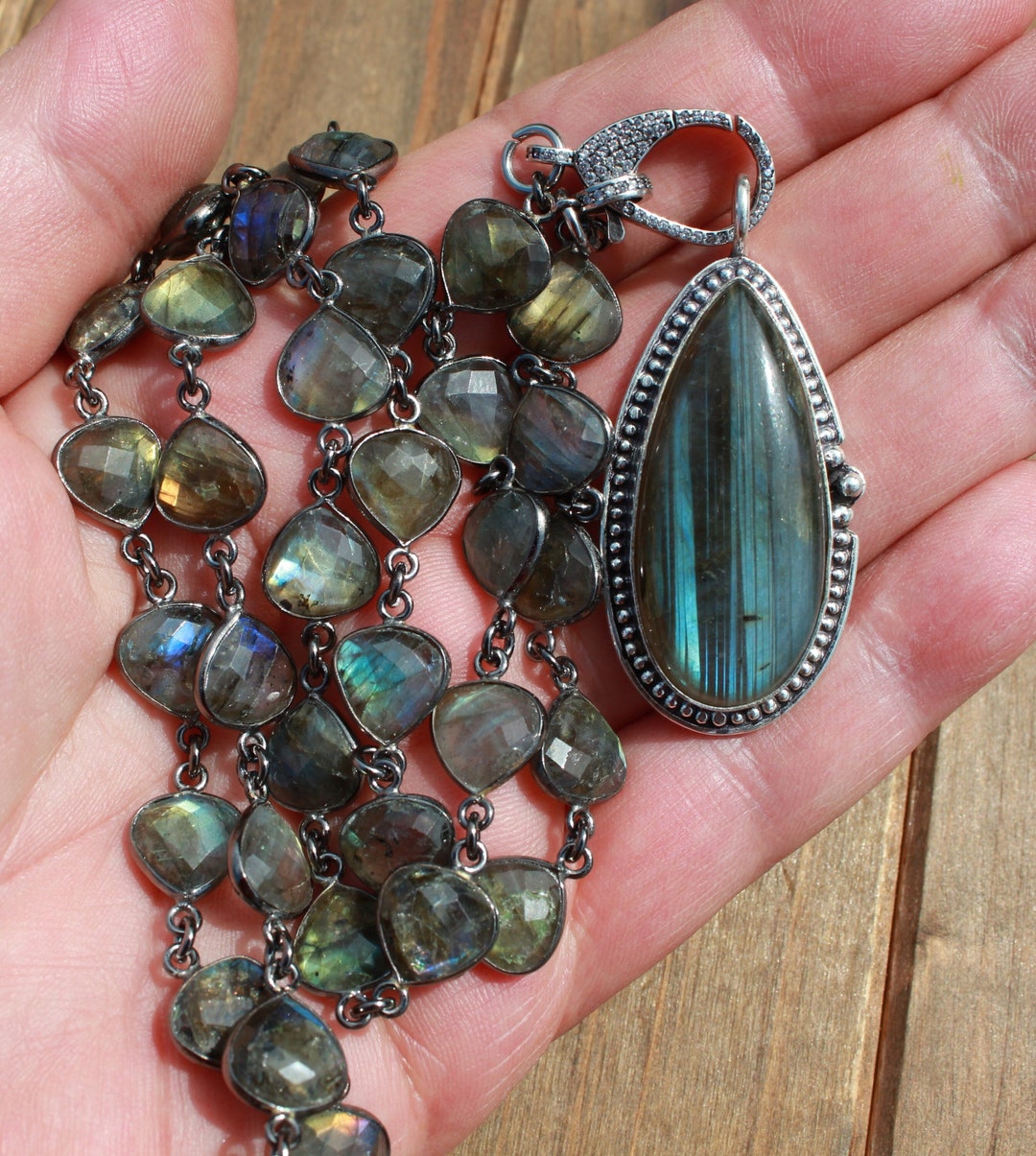 Delightful Flashy Natural Labradorite Necklace, Pave Clasp, 24 Inches ...