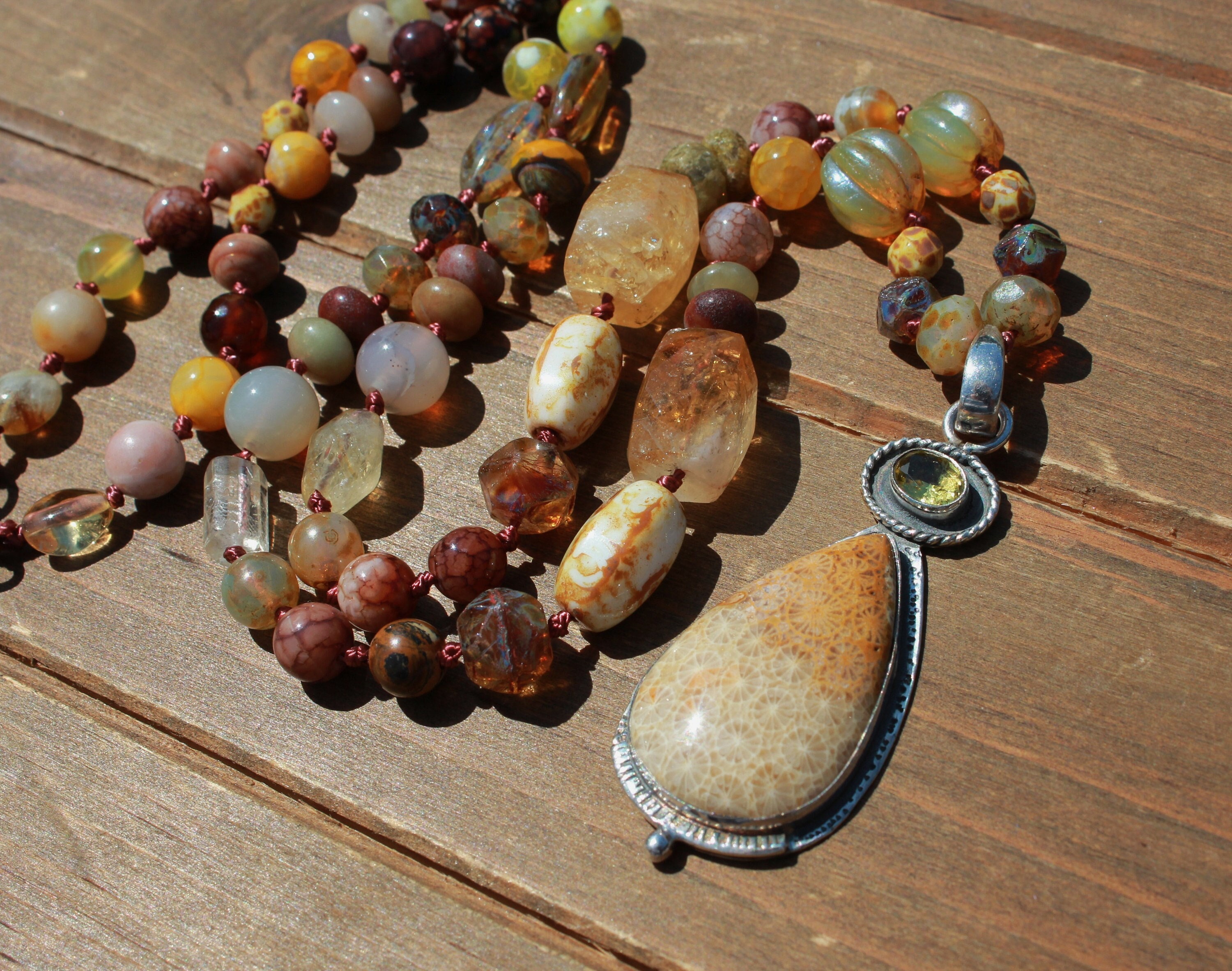Golden Coral Fossil Transformation Necklace: Handcrafted Gemstone ...