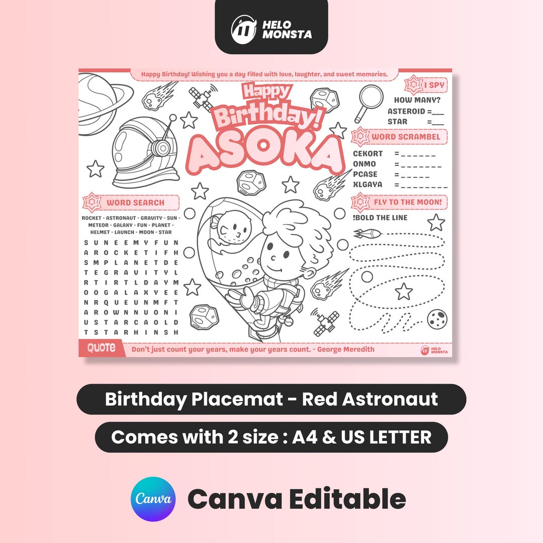 Editable Birthday Coloring Placemat Red Astronaut | Printable Rocket ...
